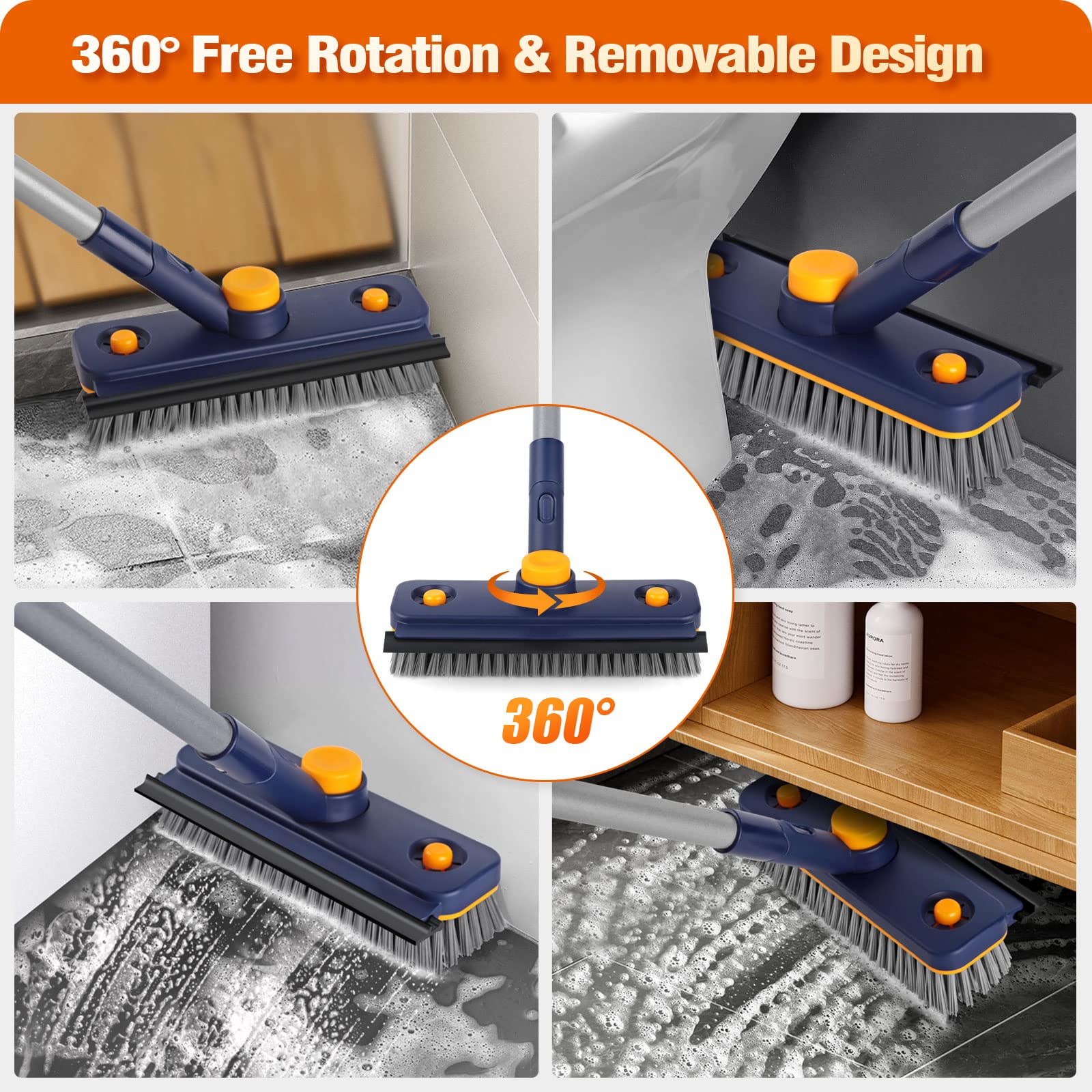 MARSBASE Floor Scrub Brush, 4 in 1 Shower Scrubber with 58" Long Handle, Stiff Bristle Tub Tile Cleaning Brush, No Scratch Multi-use Household Brush for Bathroom, Glass, Tile, Bathtub, Wall, Kitchen