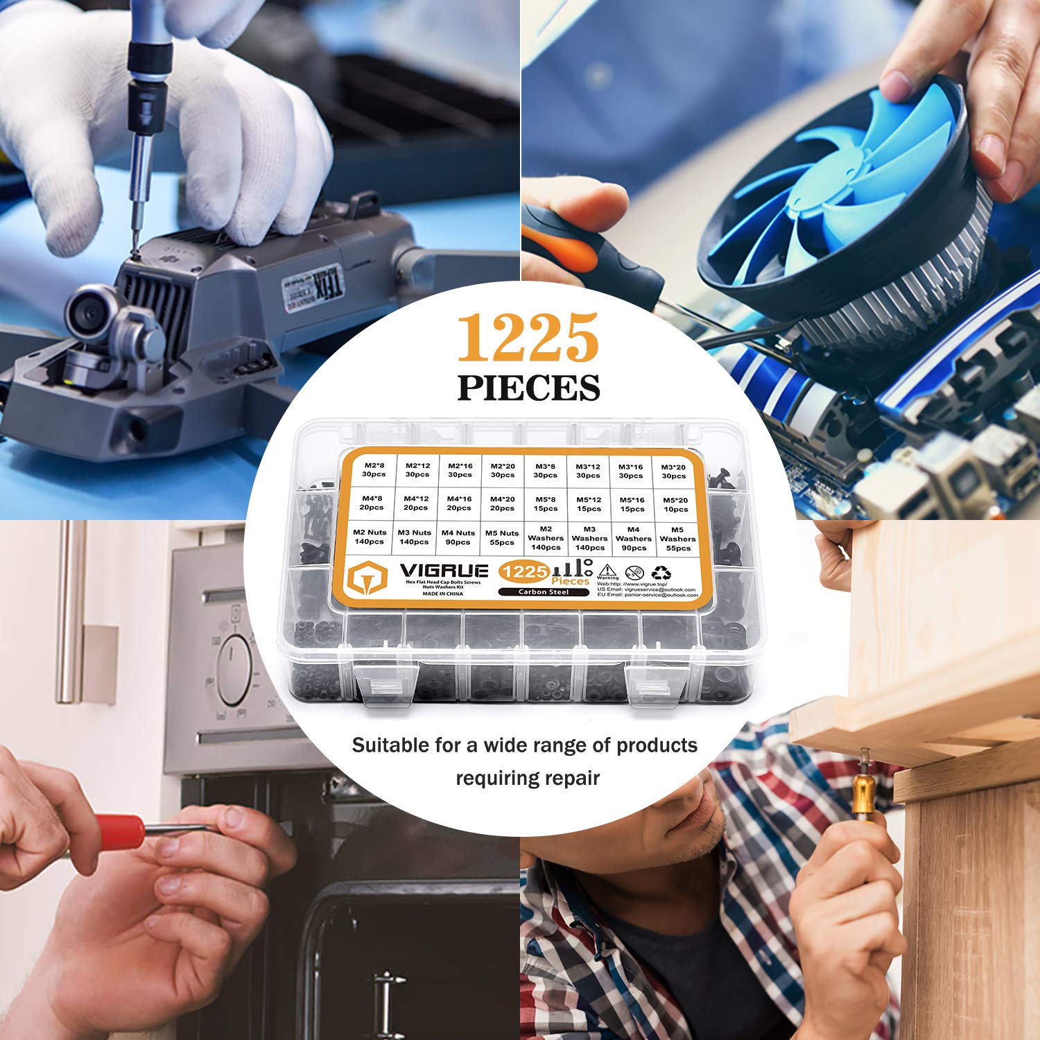 M6-1.0 M8-1.25 Flat Countersunk Hex Head Socket Cap Screws, 10.9 Grade Alloy Steel, VIGRUE 205PCS Metric Internal Hex Screws Bolts Nuts Washers Assortment Kit, Full Coarse Thread UNC