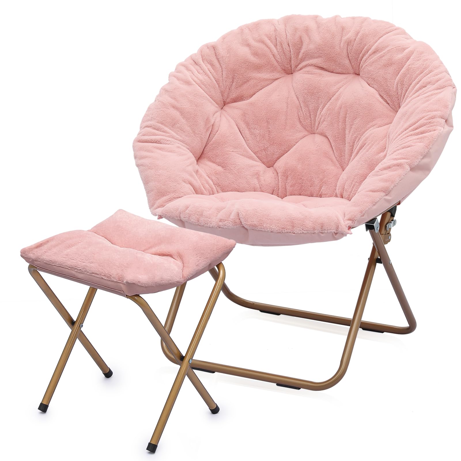 MoNiBloom Round Folding Faux Fur Saucer Chair for Bedroom Living Room Dorm Foldable Metal Frame Oversized Large Comfy Furry Padded Soft Cozy Moon Chair with Footrest Ottoman for Adults (Pink)
