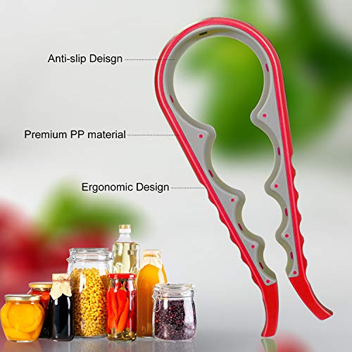 Jar Opener 4&5 in 1 Can Opener Set,Multifunctional Can Opener Kitchen Gadgets,Bottle Opener Kit with Silicone Handle Openers for Arthritic Hand&rubber Jar Opener for Week Hands (Red)