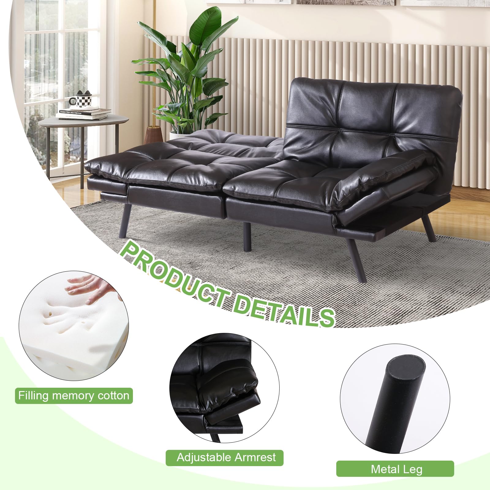 MUUEGM Faux Leather Memory Foam Convertible FoldIing Futon Sofa Bed, Modern Lounge Sofa with Adjustable Backrest Armrests, Futon Couch for Living Room with Loveseats in Black.(Leather,Black)