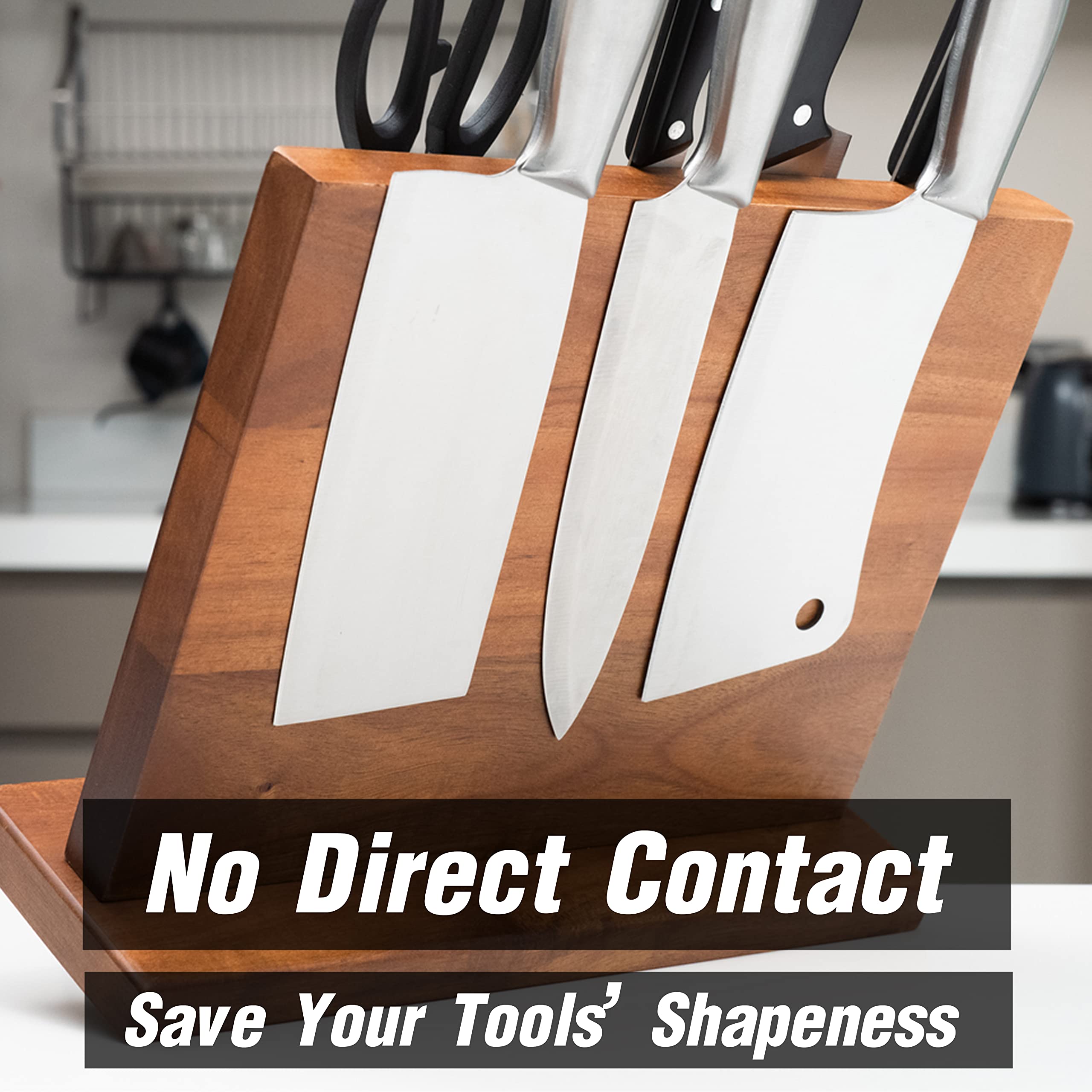 Magnetic Knife Block Made from Waterproof Acacia Wood Double Sided Built in Powerful Magnetic Strip for Dozen Knives Storage