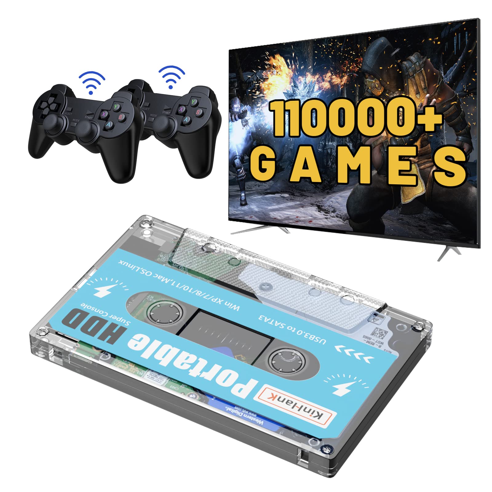 Kinhank 500G Super Console X External HDD Game Console Built-in 110000+Games USB3.0 Batocera 33 Game System for PS3/PS2/PSP/PC/Windows/SEGA SETURN/Mac OS/DC for Laptop(with Gamepads)