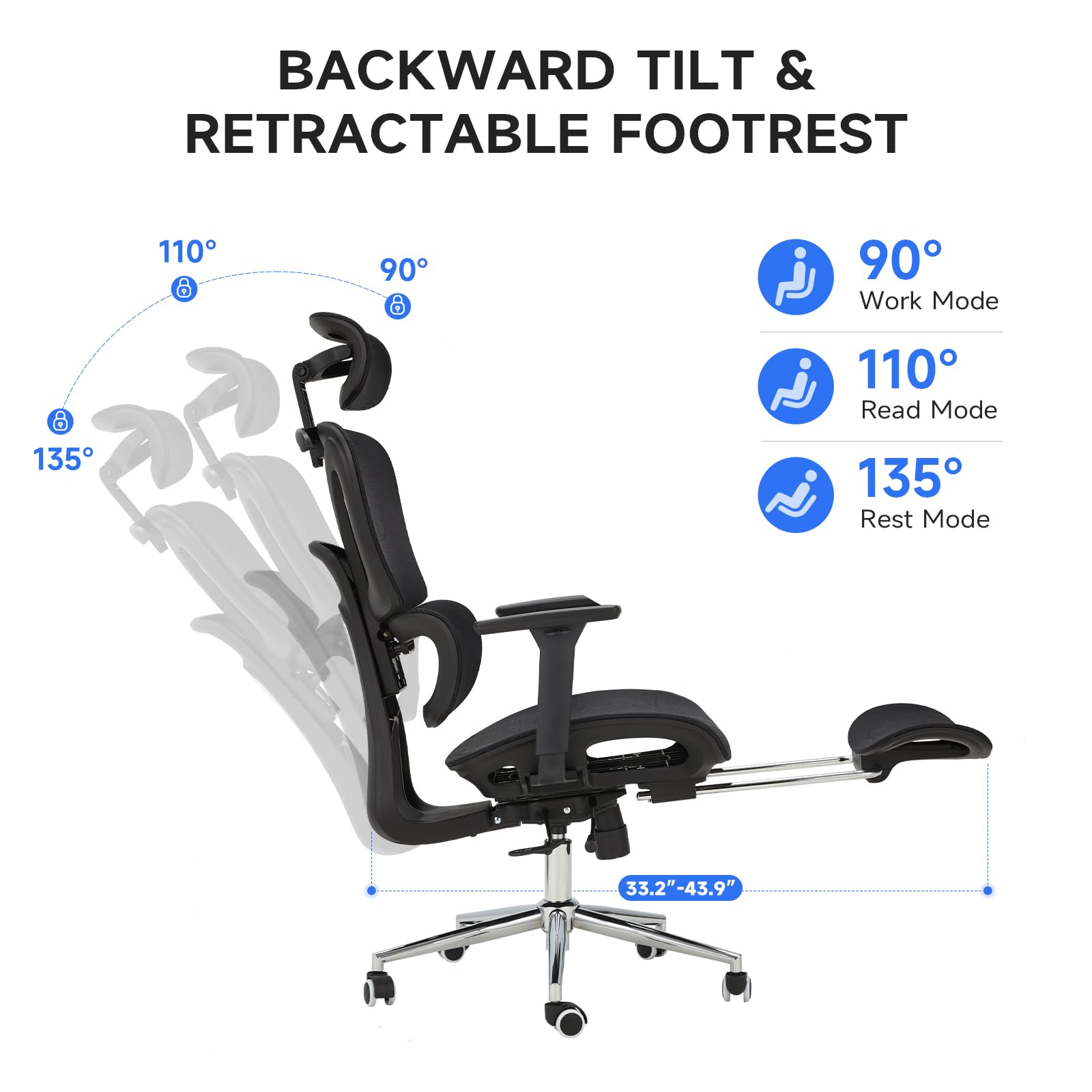 Office Chair Ergonomic Desk Chair, High Back Office Chair with Lumbar Support, Mesh Desk Chair with Adjustable Headrest Tilt Function and PU Wheels for Home Office Study and Work (Black)