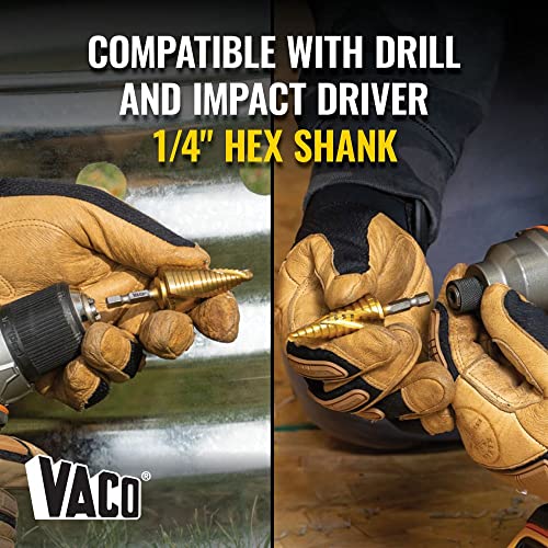 Klein Tools 25950 Step Drill Bit Set, Spiral Double Fluted, Titanium Nitride Coating, 1/4-Inch Impact Shank, Rugged Case, 4-Piece