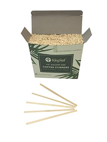 KingSeal Bamboo Coffee Stir Sticks, 5.5 inches, Square End, Stronger and Thicker Than Standard Wood, 100% Renewable and Biodegradable - 1 Box of 1000 Stirrers