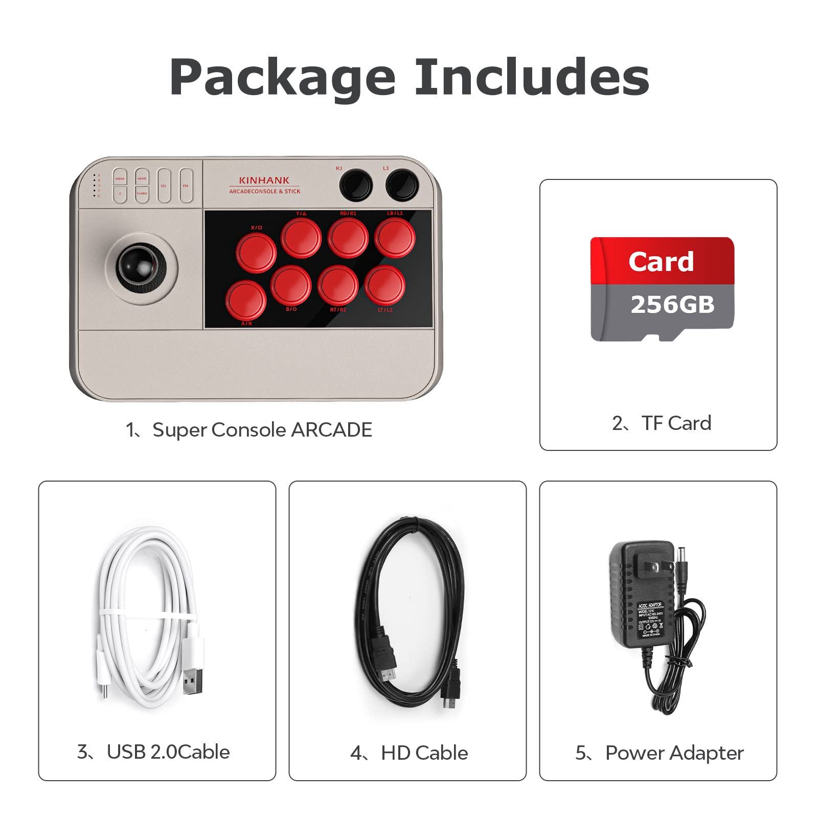 Kinhank Super Console Arcade Game Console & Stick, 50000+ Classic Arcade Games Pre-installed in 256G TF Card(Included),Compatible with PC host/Android phone etc, 4K HD-out,USB2.0,Grey
