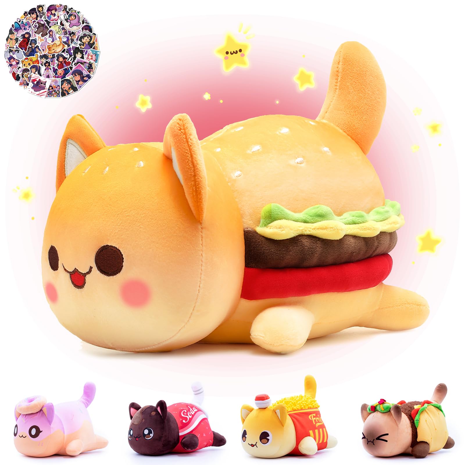 KOWSI 61PCS 11inches Cheeseburger Cat Plush + 60Sticker Meemeows Cute Food Cat Plush Collection 100% Polyester Plushie Pillow Embroidered Soft Stuffed Animal Collectible (Cheeseburger Cat)