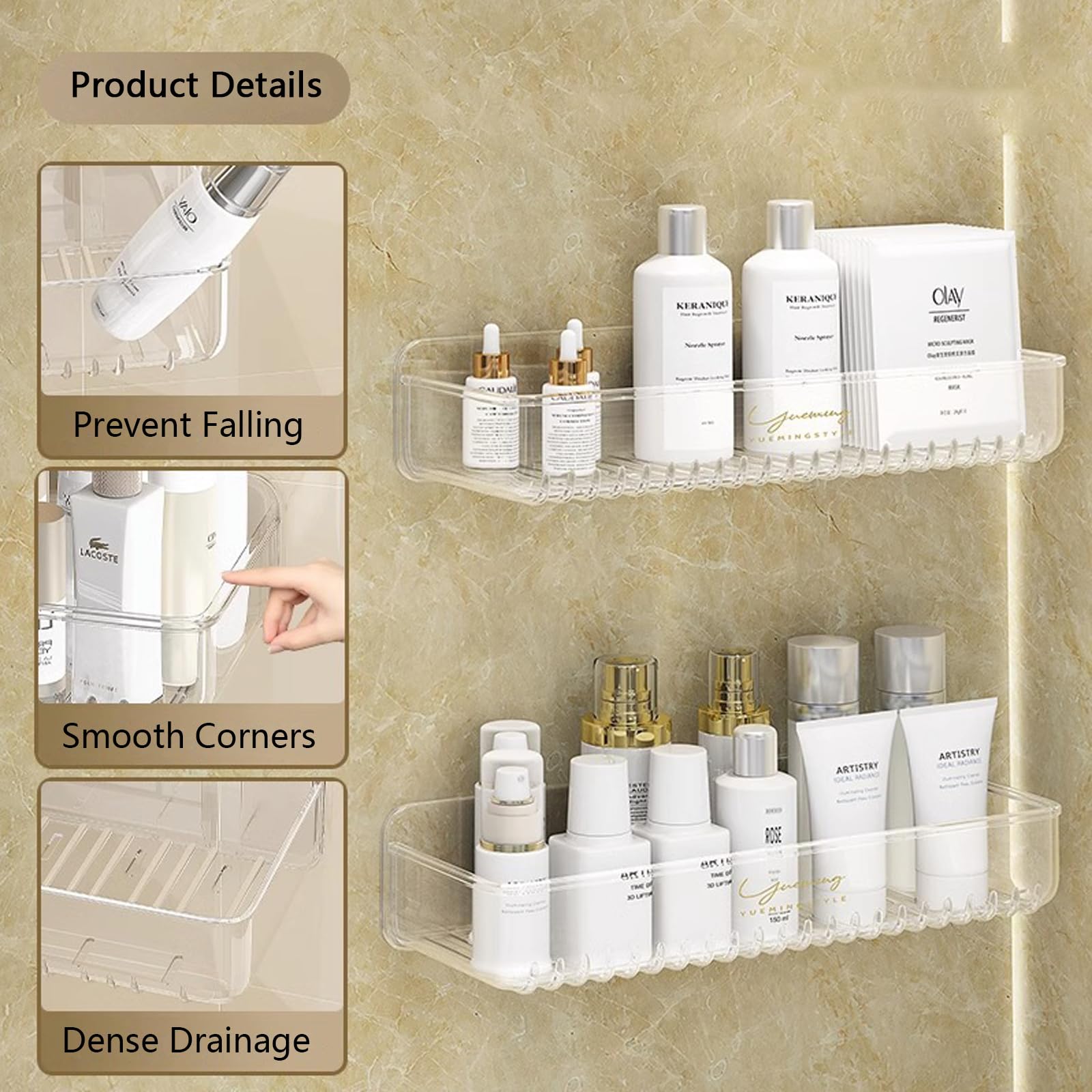 Resdenio Wall Mount Shower Caddy Hanging - No Drill Bathroom Shelves with Self Adhesive Tape, Shower Organizer and Storage Shelf for Bathroom, Kitchen, Utility Room (long basket)