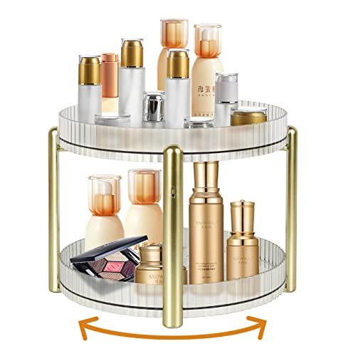 HSSPANFN 360° Rotating Makeup Organizer for Vanity 2 Tier, Large Capacity Cosmetics Storage Vanity Shelf Countertop,Bathroom Make Up Spinning Holder Rack for Brushes, Perfumes, Skincare