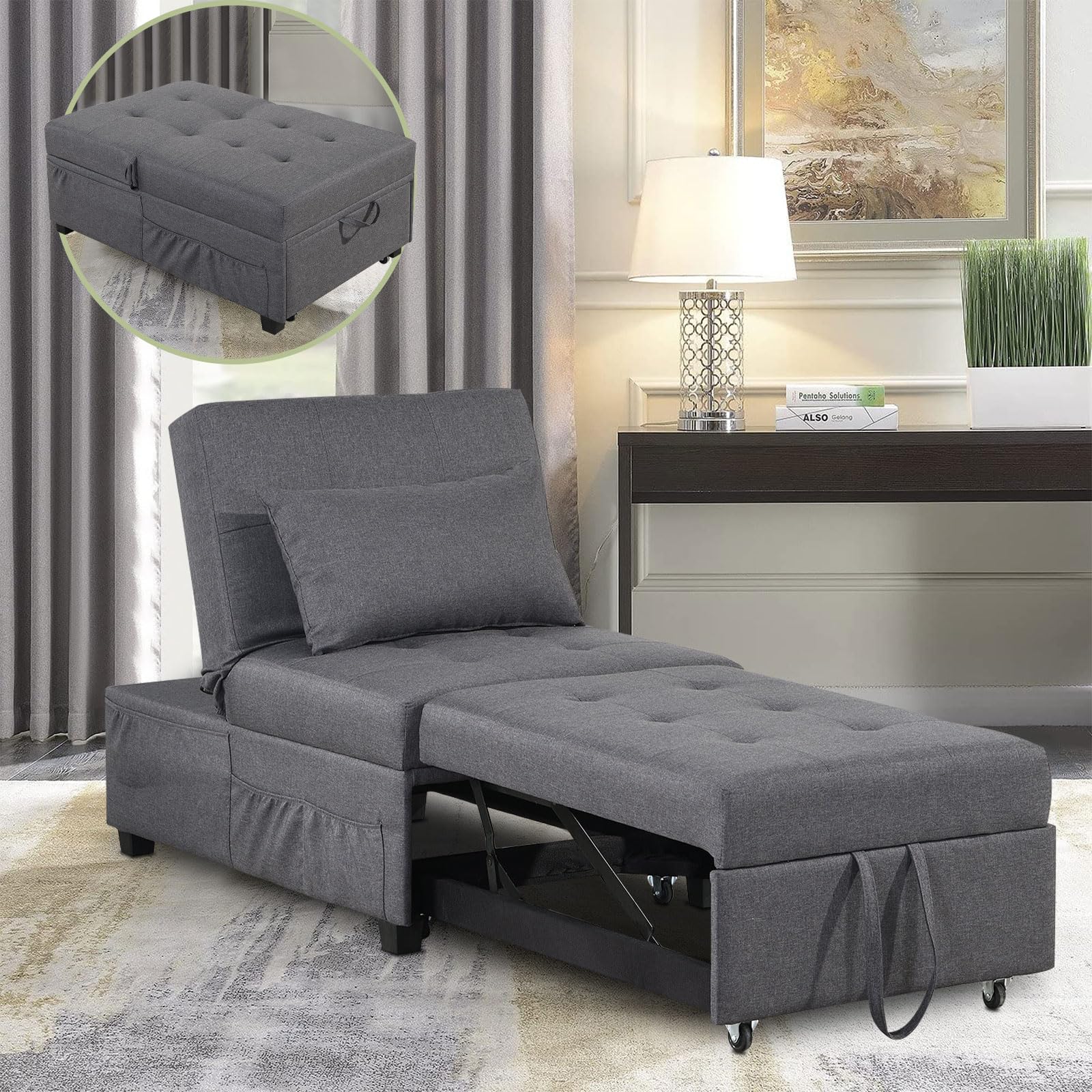 SENIFIS Sofa Bed Chair, 3-in-1 Convertible RV Sleeper Chair Bed with Adjustable Backrest & Pillow, Modern Faux Leather Pull Out Sofa Bed for RV, Small Space, Living Room, Office (PU Black)
