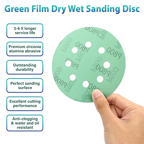 LotFancy 5 Inch 8 Hole Sanding Discs - 60PCS 400 600 800 1000 1500 2000 Grit Wet Dry Sandpaper Fine Grit Assortment, Green Film Backed, Hook and Loop Random Orbital Sander Sand Paper