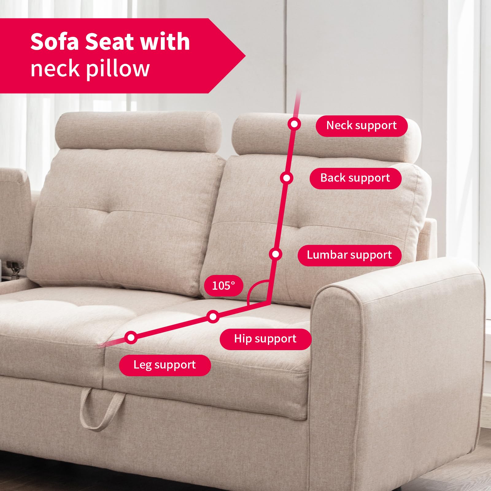 MUZZ 89" Sectional Sofa with Storage Chaise with Cup Holders, Modular L Shaped Sectional Sofa with Neck Pillows, Convertible Sectional Couch for Living Room/Apartment,Light Grey