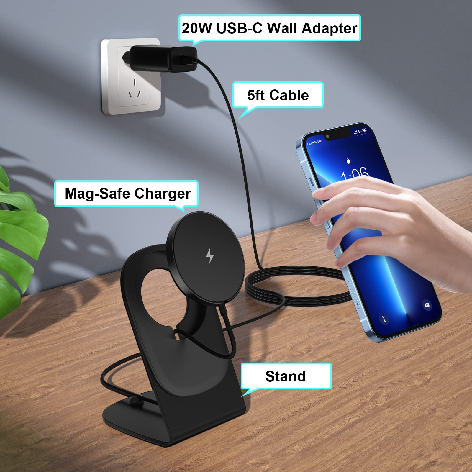 Magnetic Wireless Charger Compatible with13/12 Series,Charger with 20W USB-C Power Adapter, Aluminum Alloy Convertible Fast Wireless Charging Pad/Stand for Phone 13/12 Pro Max Mini
