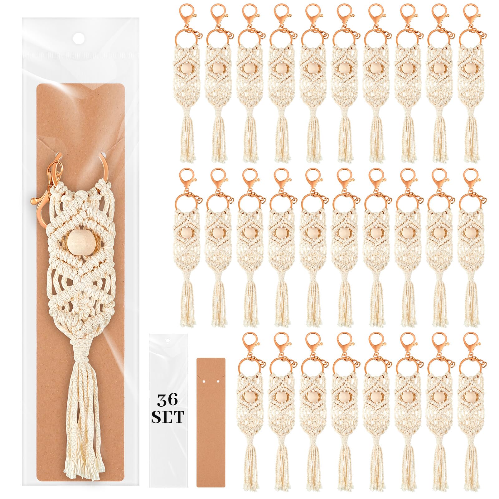 Landical 36 Set Boho Macrame Keychain Bulk with Aesthetic Tassel and Kraft Tags for Key Purse Wallet Birthday Wedding Party Favors Baby Bridal Shower Christmas Gift