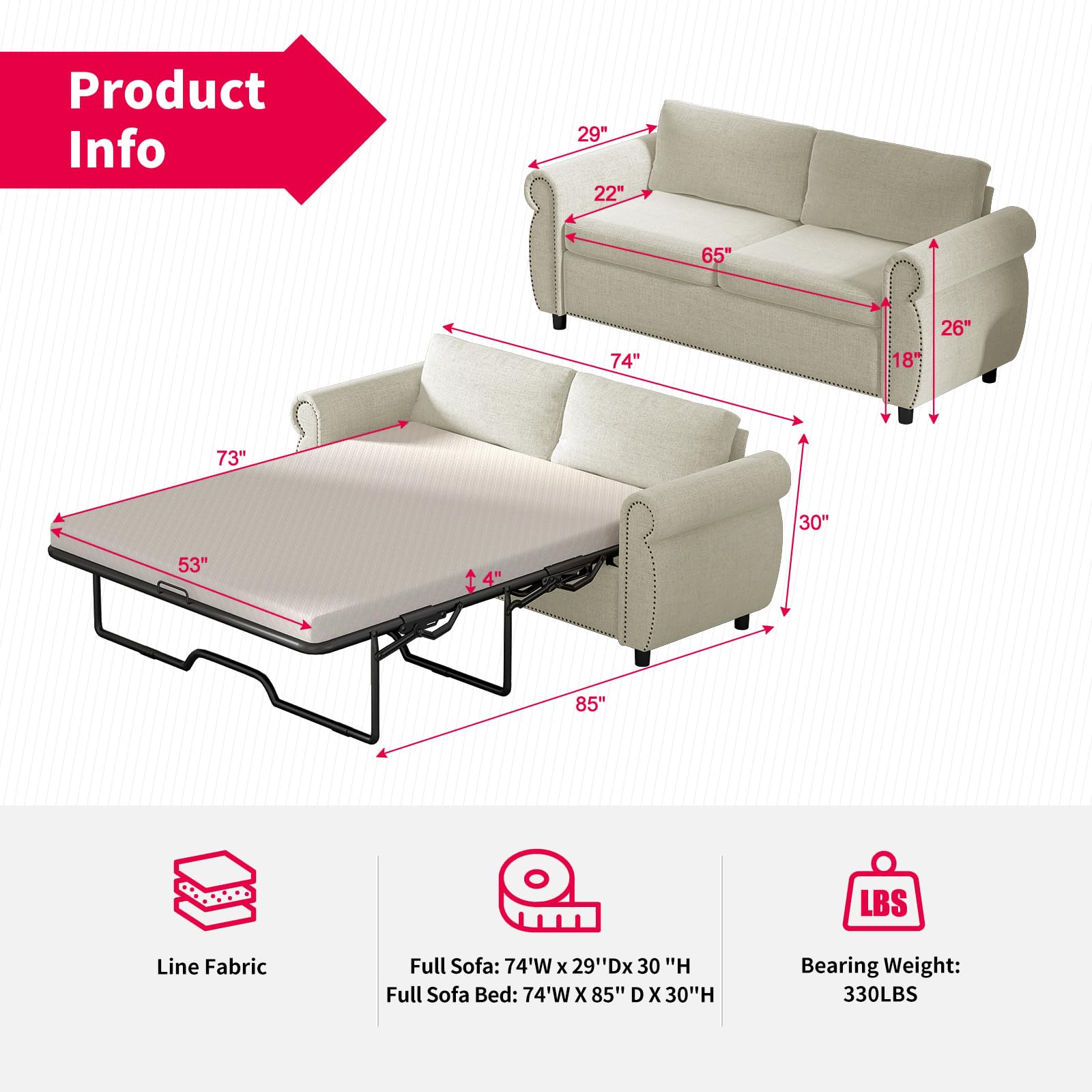 MUZZ Pull Out Sofa Bed, Full Sleeper Sofa Couch with 4" Thick Memory Foam Mattress, Modern Linen Sectional Loveseat with Rivet Decoration, Pull Out Couch for Living Room,Office(Grey,Full)