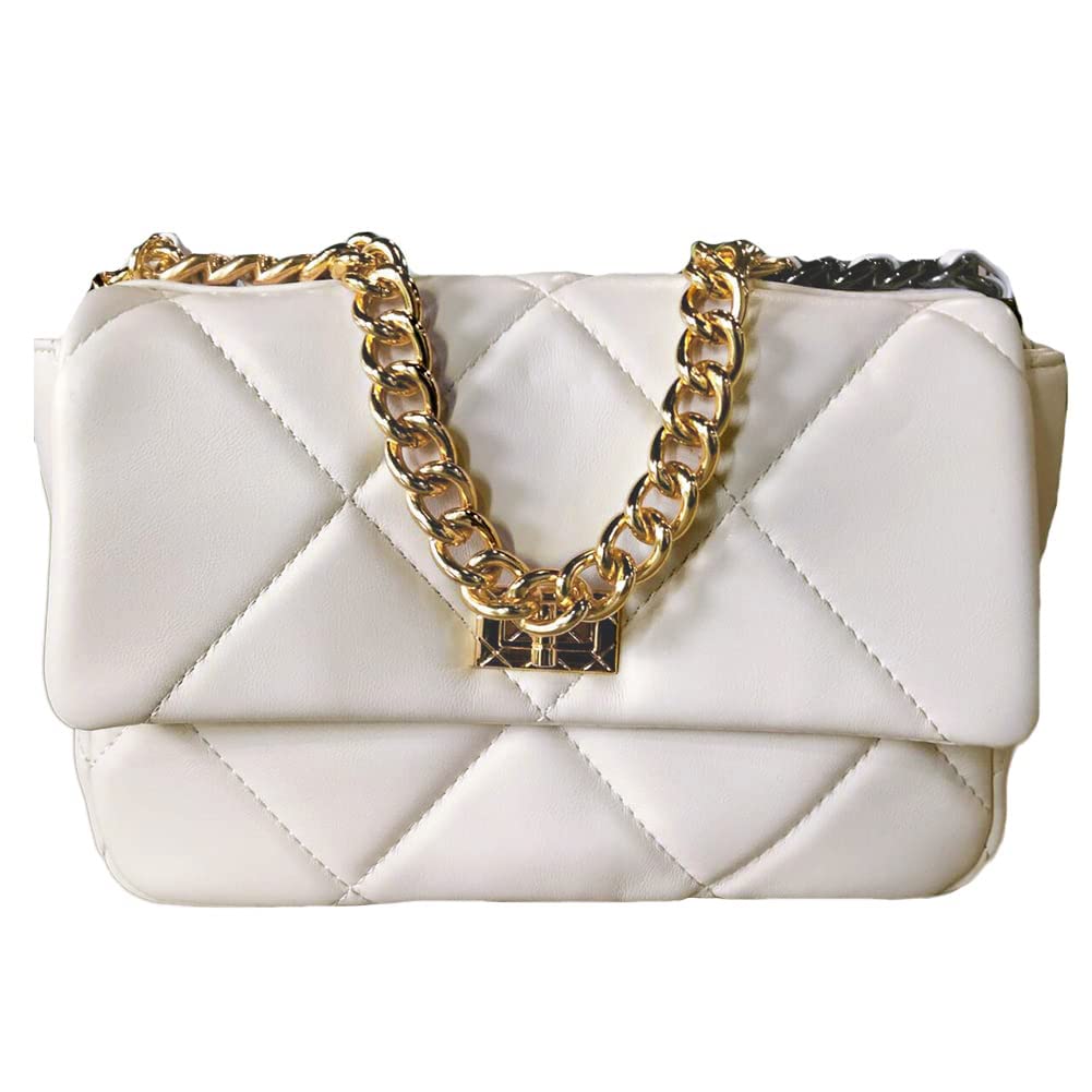 JRNDNIUO Small Quilted Crossbody Bag for Women White Shoulder Bag Trendy Designer Handbag Purses with Gold Chain