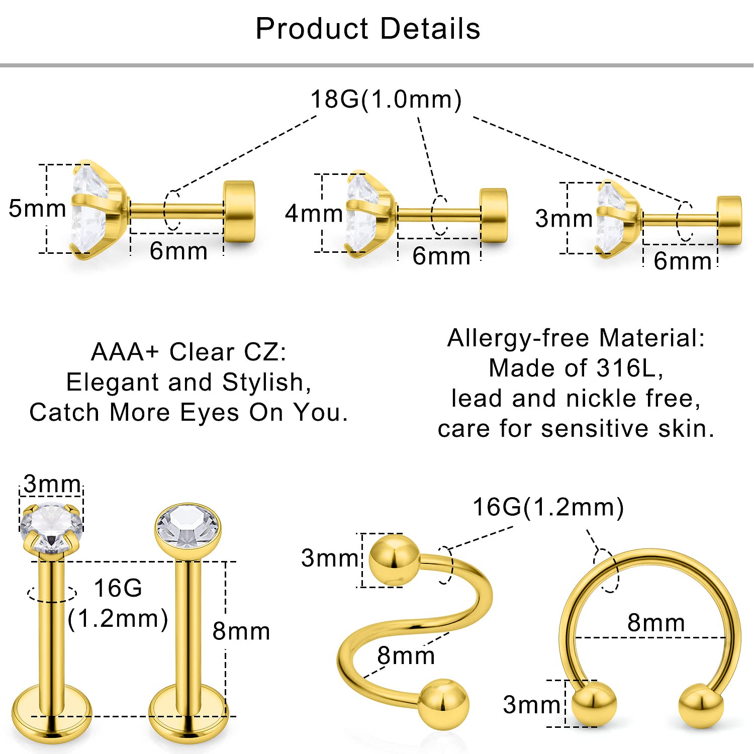 Lcolyoli 20Pcs 16G Helix Piercing Jewelry Stainless Steel Cartilage Earring Flat Back Tragus Single Earring Lip Rings Hoop Labret Studs Daith Rook Piercing