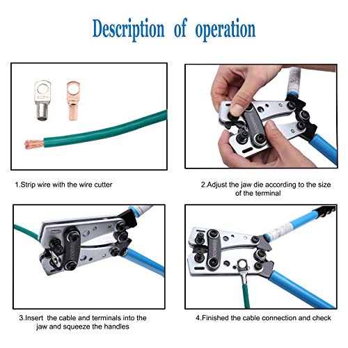 Knoweasy Battery Cable Lug Crimping Tool - Wire Crimper Tool for Heavy Duty Wire Lugs, Battery Terminals, and Copper Lugs - AWG 10, 8, 6, 4, 2, 1/0 Battery Cable Lug Crimper