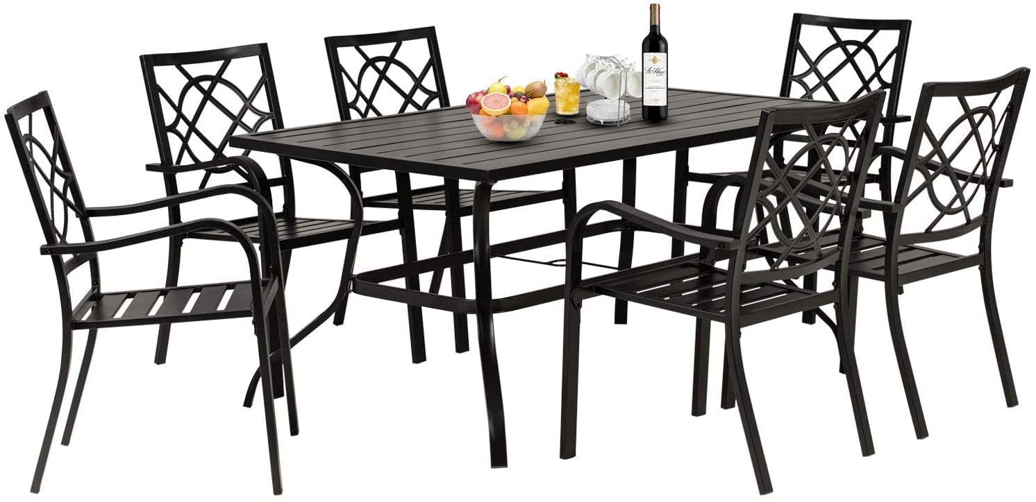 Incbruce 7 Pcs Outdoor Dining Set Wrought Iron Patio Dining Set, Dining Furniture Set (6 Dining Chair and 1 Rectangular Table with 1.57" Umbrella Hole) for Garden,Backyard(Metal Tabletop)