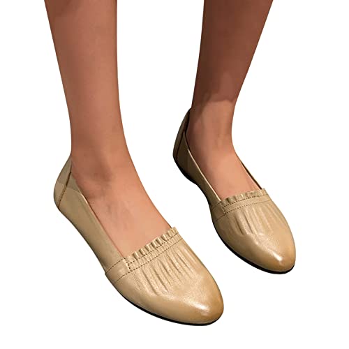 Ladies Fashion Solid Color Leather Folds Shallow Soft Sole Flat Casual Shoes Loafer Heel Khaki