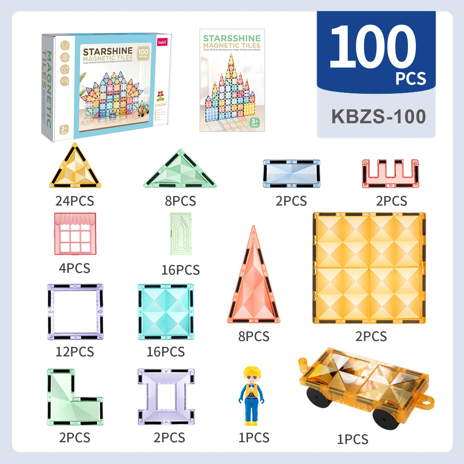 LCSH Magnetic Tiles 3D Magnet Building Blocks Construction Builder Set STEM Early Learning Educational Toys for Kids Ages 3+ Girls Boys Children (100 Pieces)