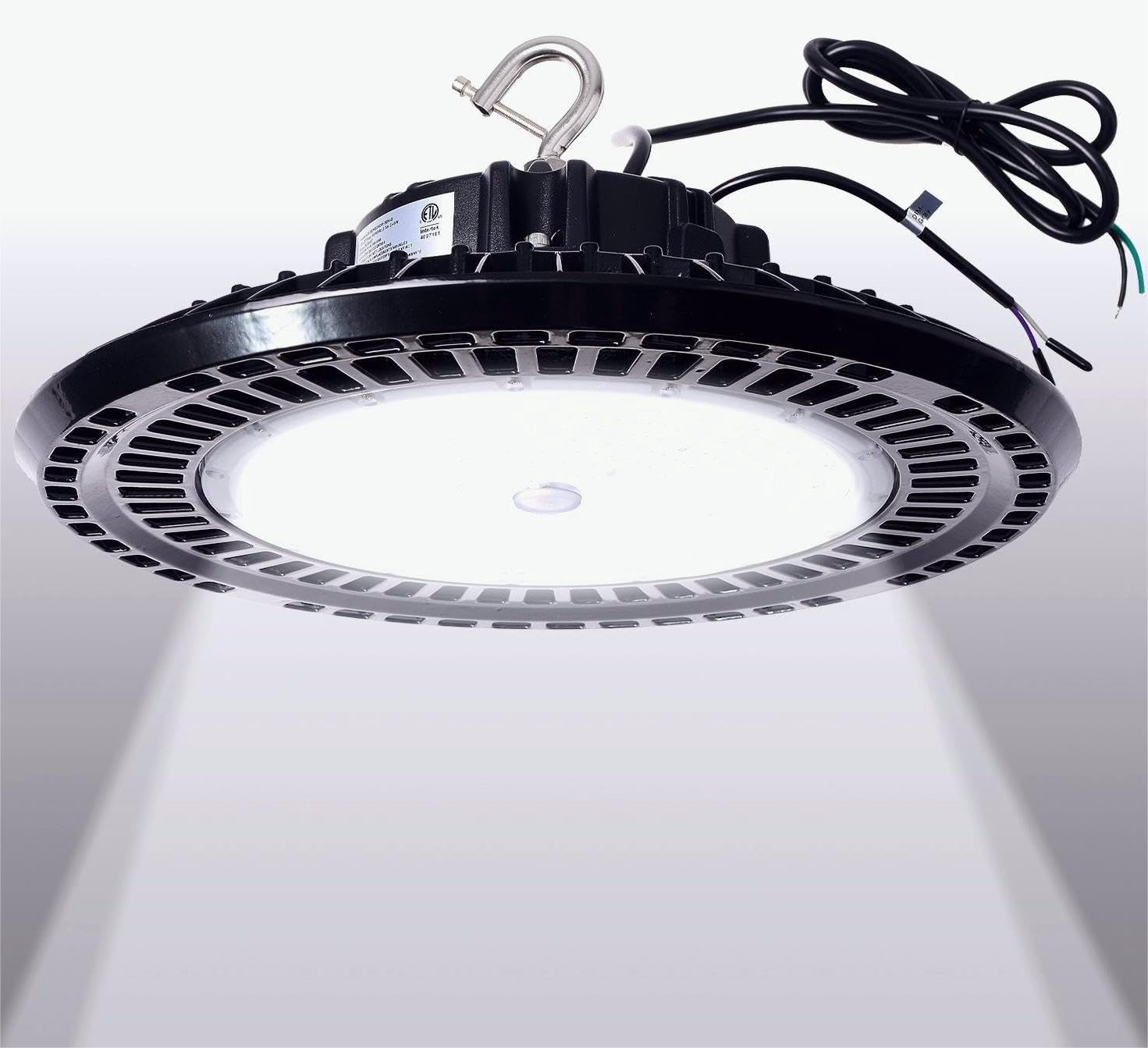 OSTEK 480V UFO LED High Bay Light, 200W 5000K Durable High Bay LED Shop Light 32000LM 0-10V Dimmable, 5ft Cord US Hook, Factory Warehouse Workshop Light, IP65 Waterproof- ETL&DLC Certified