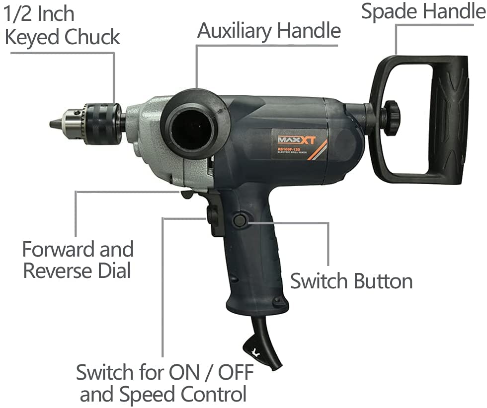 MAXXT Drill Mixer Set with Spade Handle 1/2 inch Electric Corded Mixing Drill Machine 9A Motor Concrete Mud Mixer