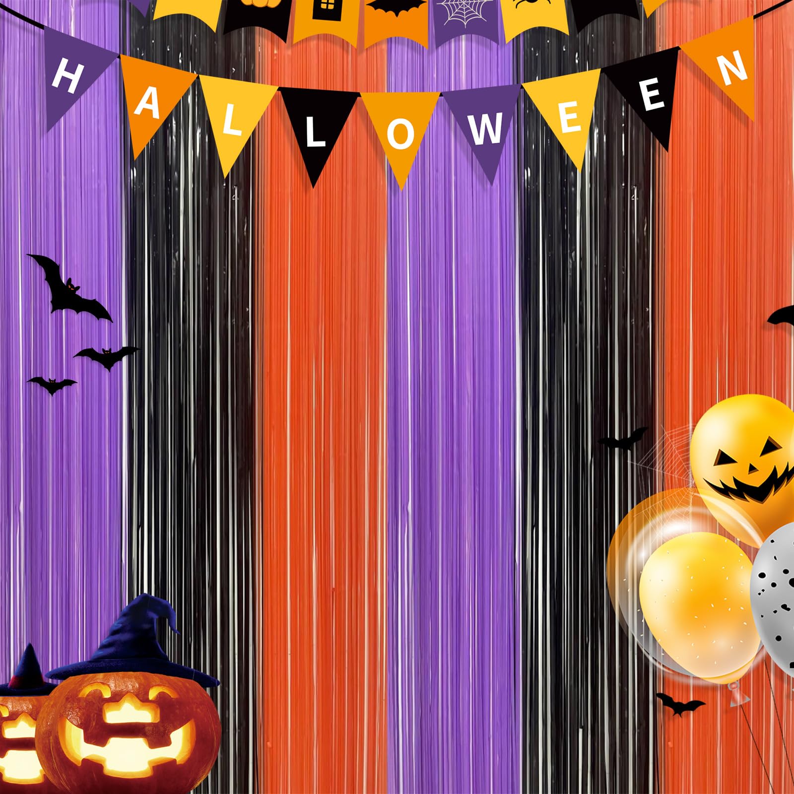 Ohiyoo Halloween Foil Fringe Curtains 3 Pack 3.3 X 6.6 ft Black Purple Orange Fringe Curtains Halloween Party Photo Backdrop Streamer Backdrop for Birthday Halloween Party Decoration (Style B)