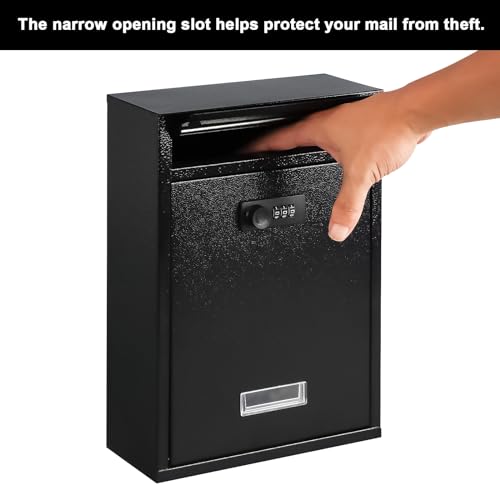 KYODOLED Locking Wall Mount Mailbox,Mail Boxes Outdoor with Combination Lock,Security Key Drop Box,12.4Hx 8.54Lx 3.35W Inches,Black Large