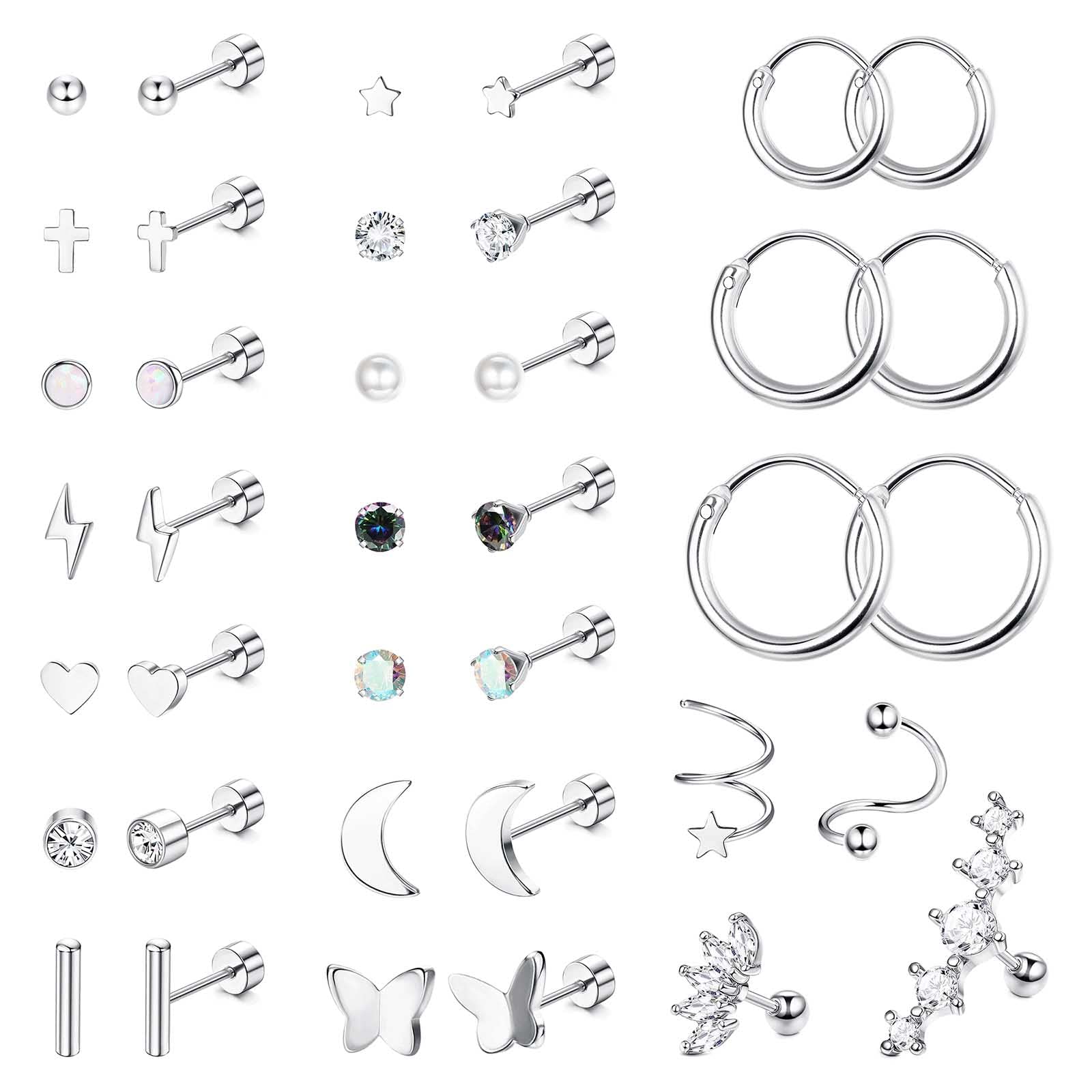 Jstyle 20G Stainless Steel Stud Earrings for Women Men Star Moon Heart CZ Flat Back Earrings Set Cartilage Earrings Hoop Small Flatback Earrings Stud Tragus Helix Daith Piercing Jewelry Silver Tone