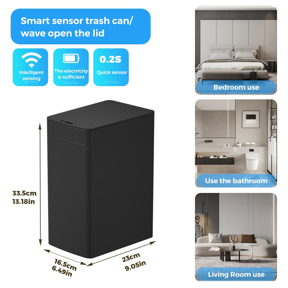 LEASYLIFE 2.1GAL Touchless Automatic Garbage Can, Slim Waterproof Motion Sensor Smart Trash Can,Small Trash can for Bathroom, Bedroom, Office, Living Room (black02)