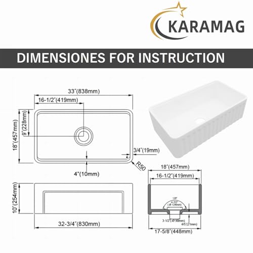 KARAMAG 33 Inch Workstation Farmhouse Kitchen Sink with Accessories, Reversible Apron-Front Single Bowl Kitchen Sink Ceramic White Farm Sinks Undermount For Kitchens