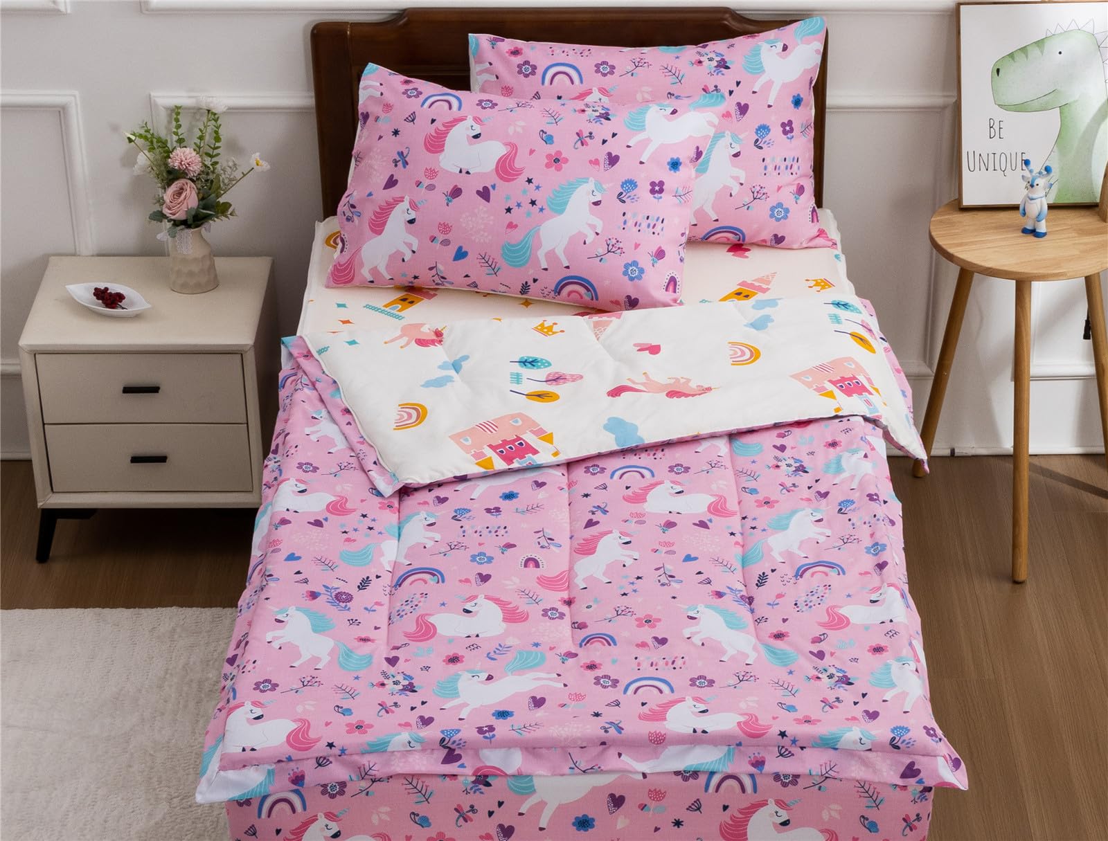 Meeting Story 3pcs Kids Comforter Sets Zipper Bedding Set for Girls,Twin Kid Bedding Set Rainbow Comforter Unicorn Bedding Set for Kid,All in one Zipper Bedding(Pink,Twin
