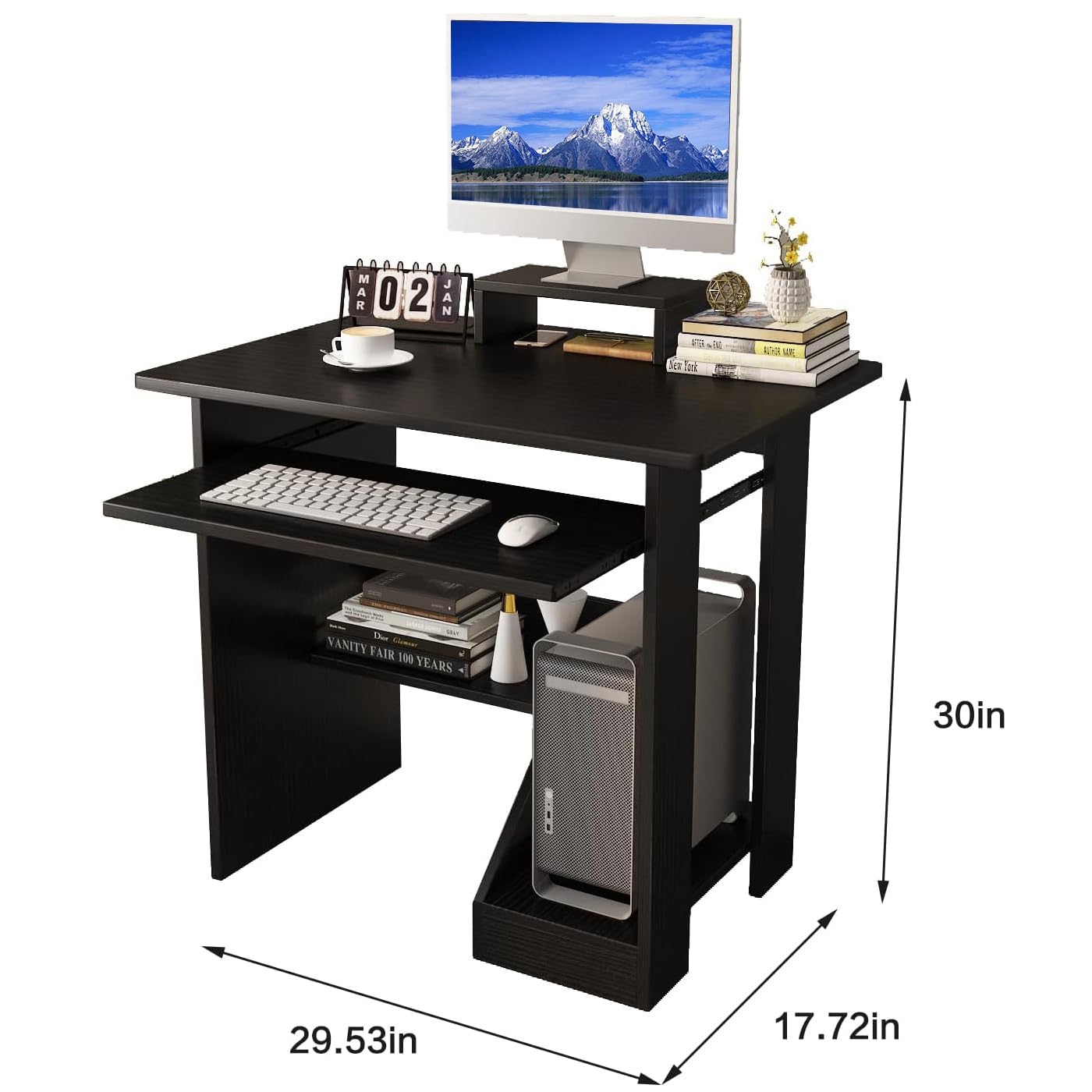 LERIJN 30Inch Small Computer Desk for Small Spaces, Computer Desk with Shelves and Keyboard Tray, Standing Compact Desk with Storage, Home Office Study Computer Desk with Monitor Stand, Black
