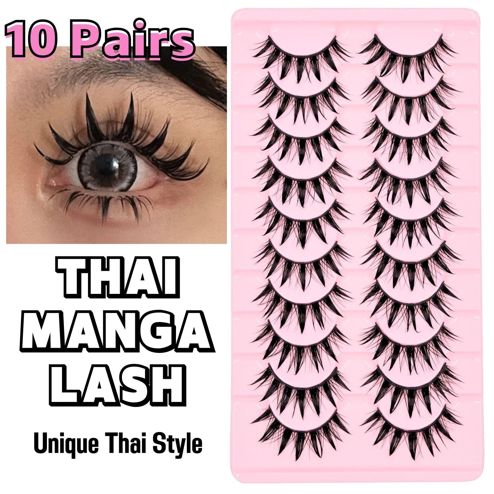 Manga Lashes Natural Look 10Pairs False Eyelashes Anime Wispy Spiky Volume 3D Effect Eyelashes Pack Japanese Korean Asian Cosplay Look Lashes By AUGENLI (7C)