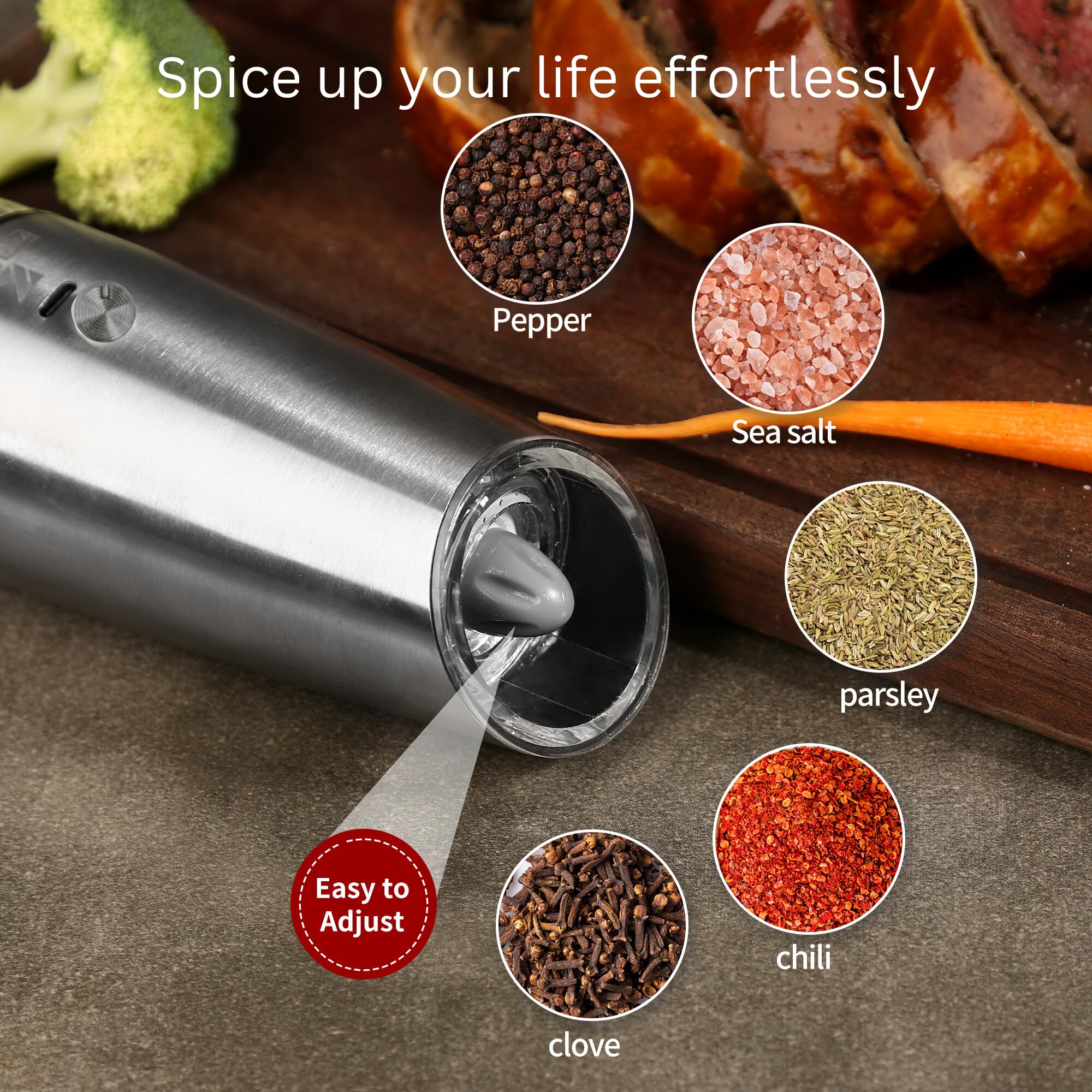 Kitchen Maid Gravity Electric Salt and Pepper Grinder Set Rechargeable, Adjustable Automatic Electric Salt and Pepper Shakers, Stainless Electric Salt Pepper Grinder Mill Rechargeable USB-C
