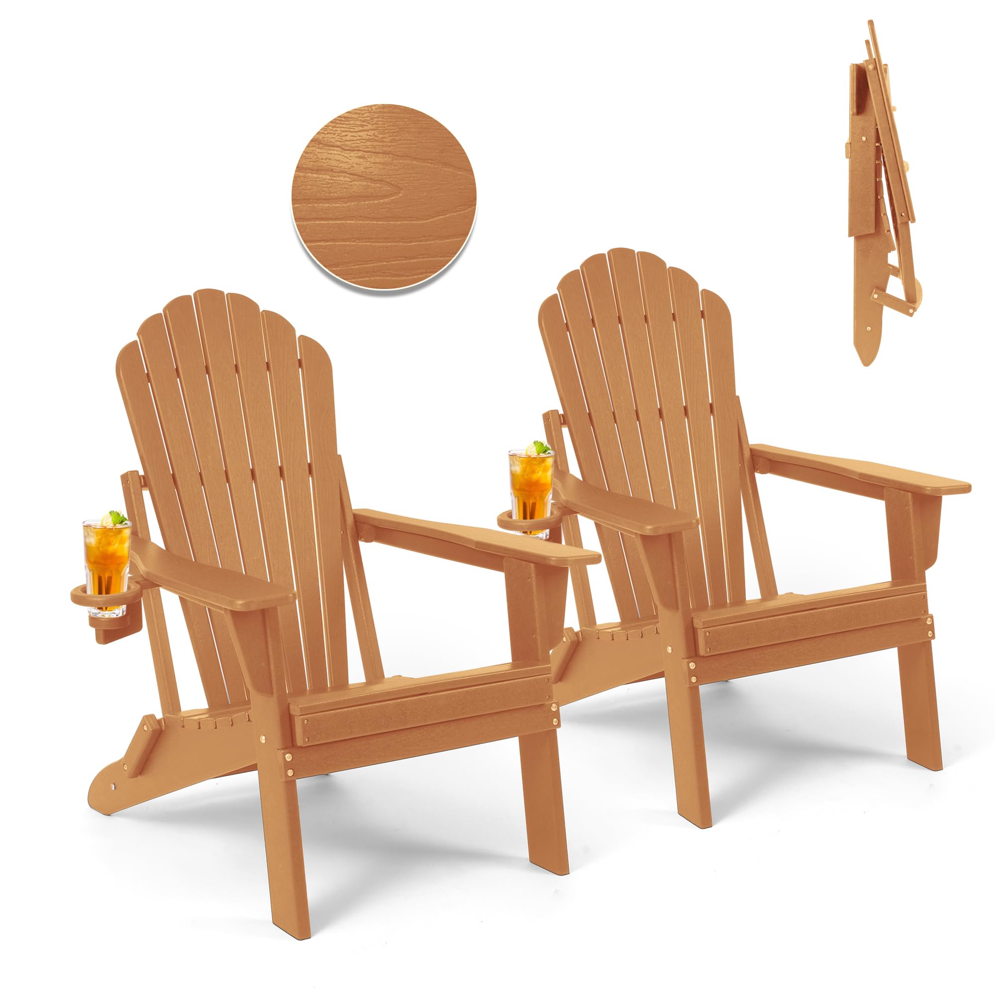 Plawdlik Folding Adirondack Chair,SGS Tested,Wooden Textured with Cup Holder,Widened Heavy All-Weather HDPE Comfortable Seating for Ourdoor Teak
