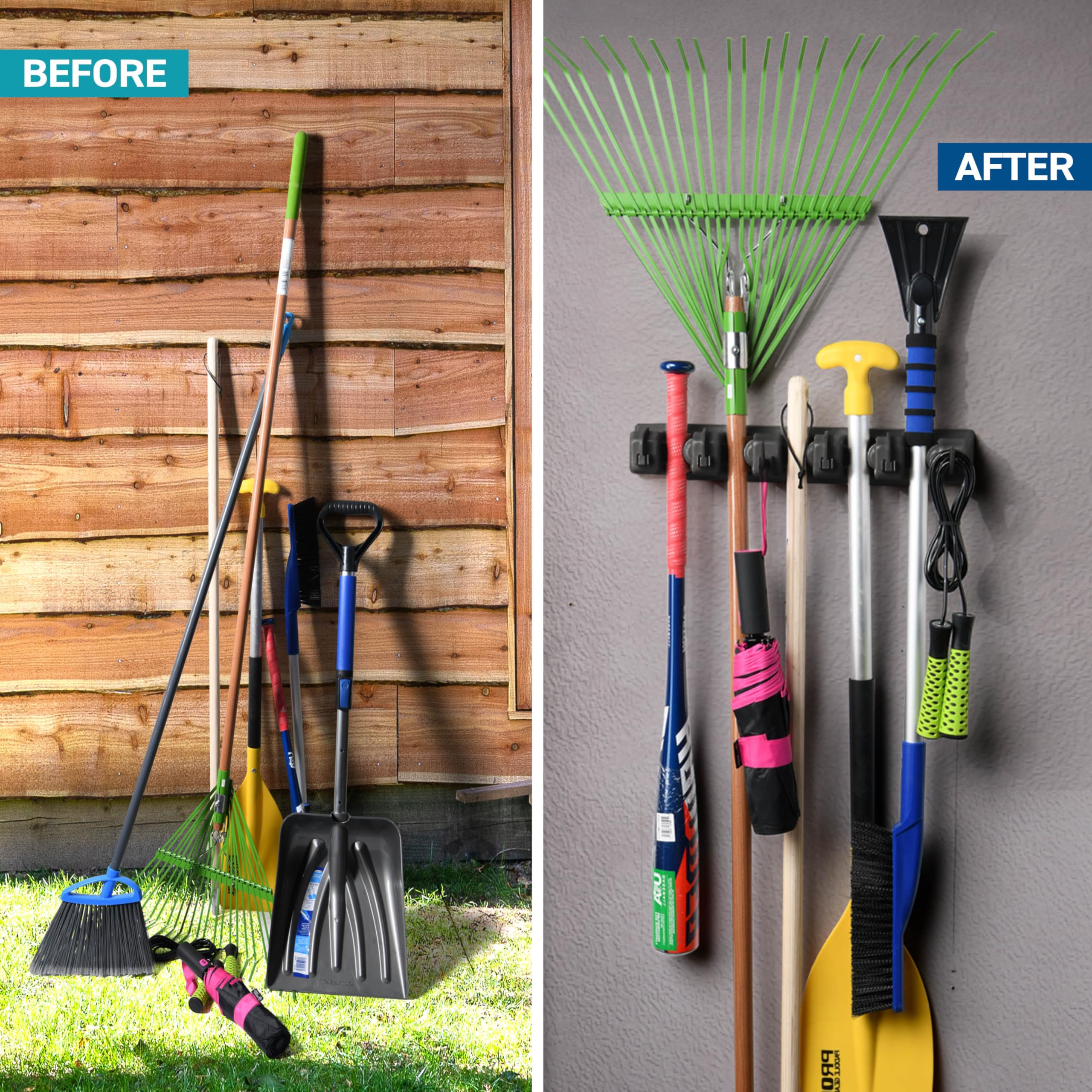 Mop and Broom Holder Wall Mount - Garage Storage Organizer with 5 Slots, 6 Hooks, 7.5lbs Capacity Per Slot - Home, Kitchen, Closet, Garden Tools, Laundry Room Organization β Black Broom Hanger