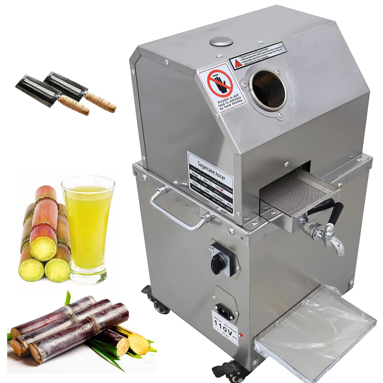 INTBUYING Sugarcane Juicer Electric Sugar Cane Press Machine W/3 Stainless Steel Rollers 2 Knives Sugarcane Extractor Machine Commercial Sugarcane Ginger Juice Mill Machine 110V 660LB/H