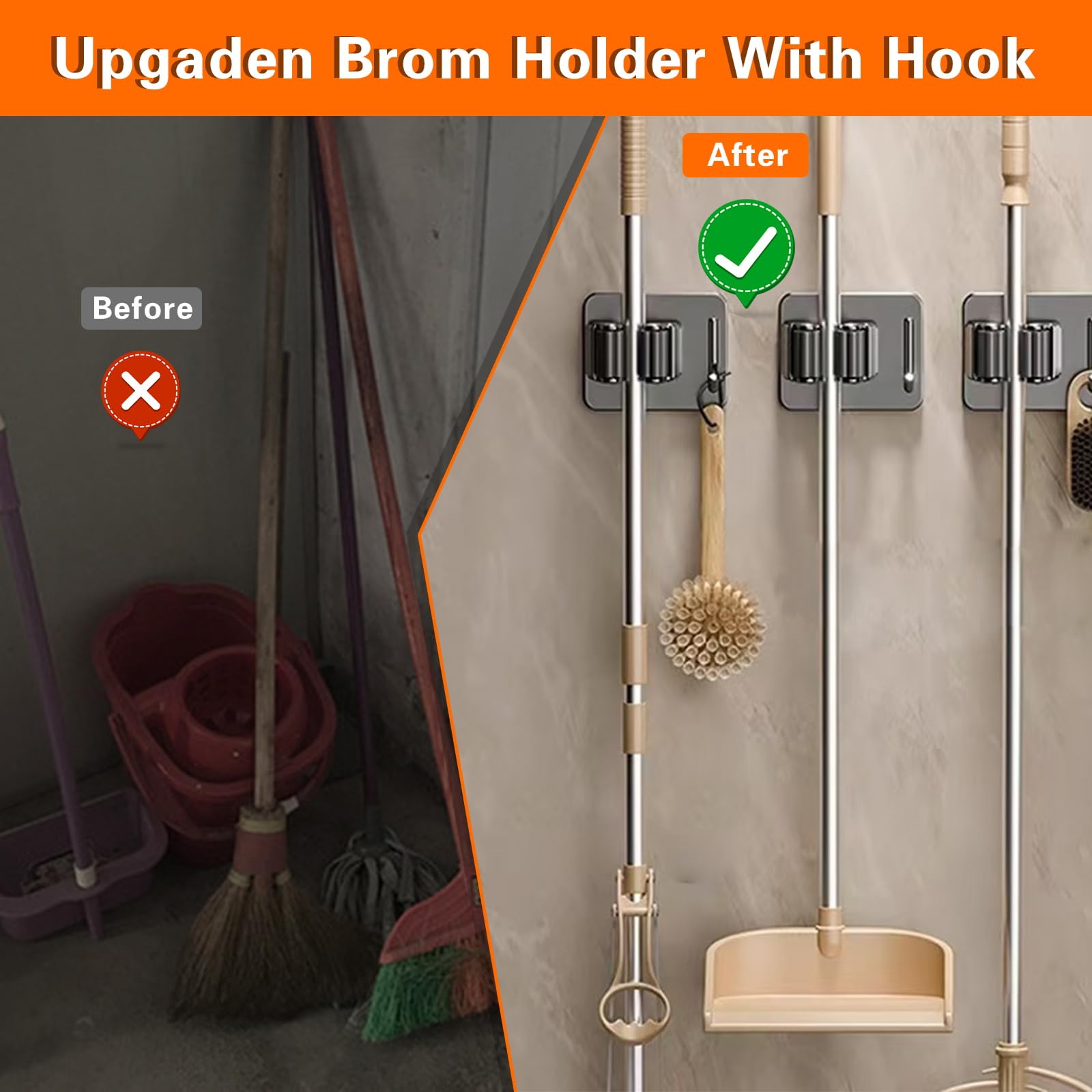 Mop Broom Holder-Self Adhesive Stainless Steel Broom Hanger Organizer for Bathroom, Kitchen, Office,Utility Room,Laundry Room,Home Garden, Garage Storage and Organization Rack(Silver gray-4Psc)