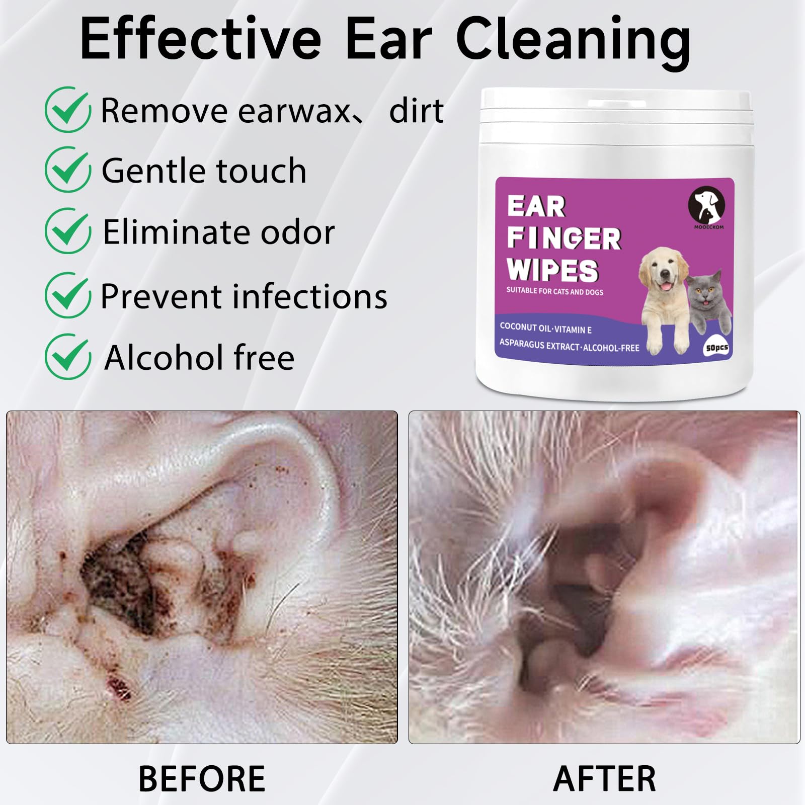 MOOECKOM Dog Ear Cleaner Dog Ear Wipes,Natural Ear Wipes Finger for Dogs & Cats Finger Ear Cleaner Wipes,50 Count