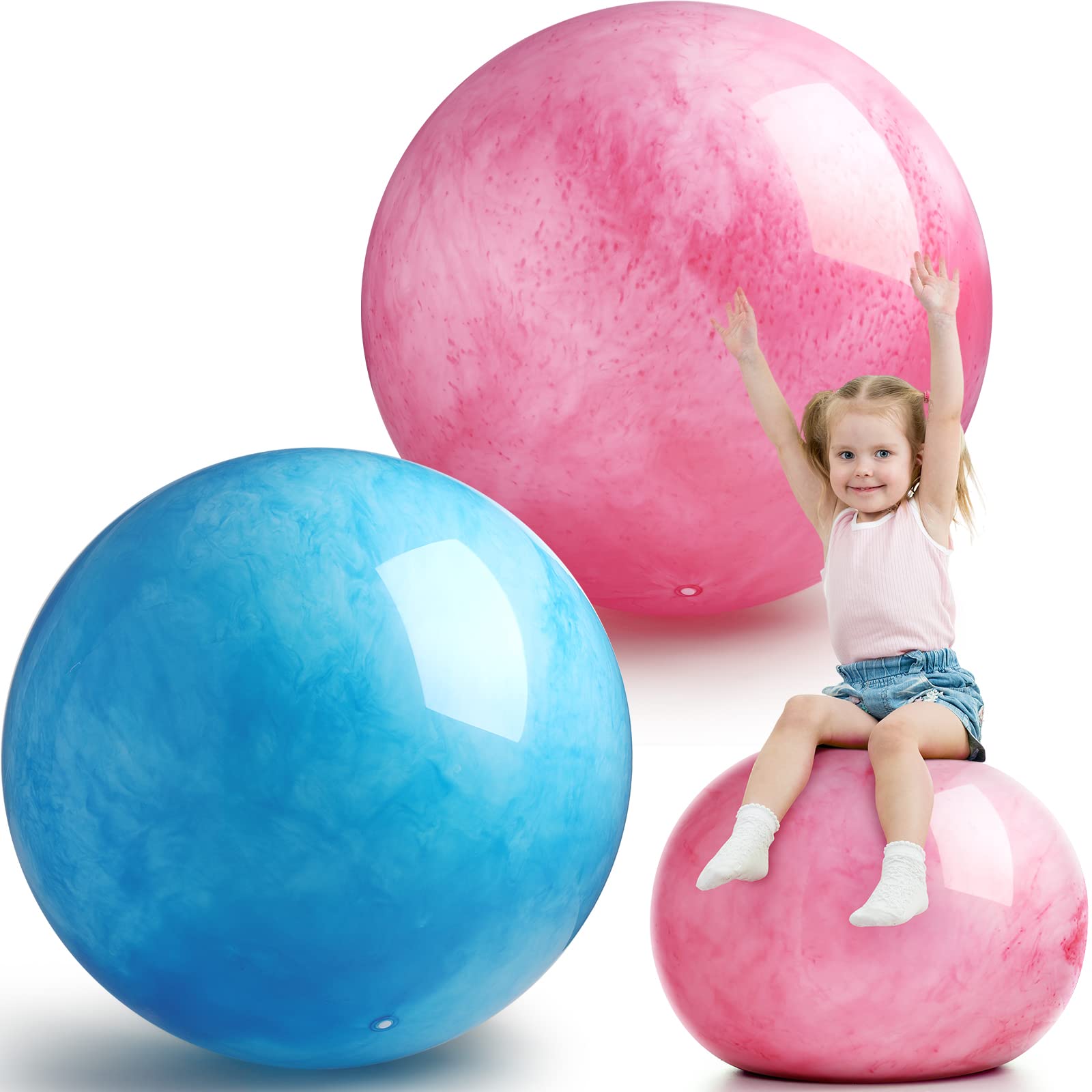 Jadive 2 Pcs 24 Inch Marbleized Bouncy Balls Giant Bouncing Balls Large Size Playground Huge Ball Rubber Sensory Balls with Air Pump for Kids Beach Play Toys Indoor Outdoor Activities, Red, Blue