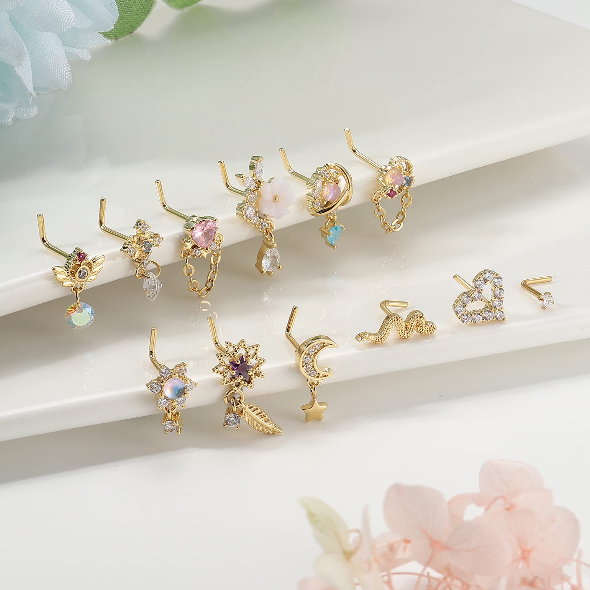 Jstyle Dangle Nose Rings Studs for Women Stainless Steel L Shaped Nose Studs Heart Arrow Feather Snowflake Wing CZ Dangling Nose Piercing Jewelry G