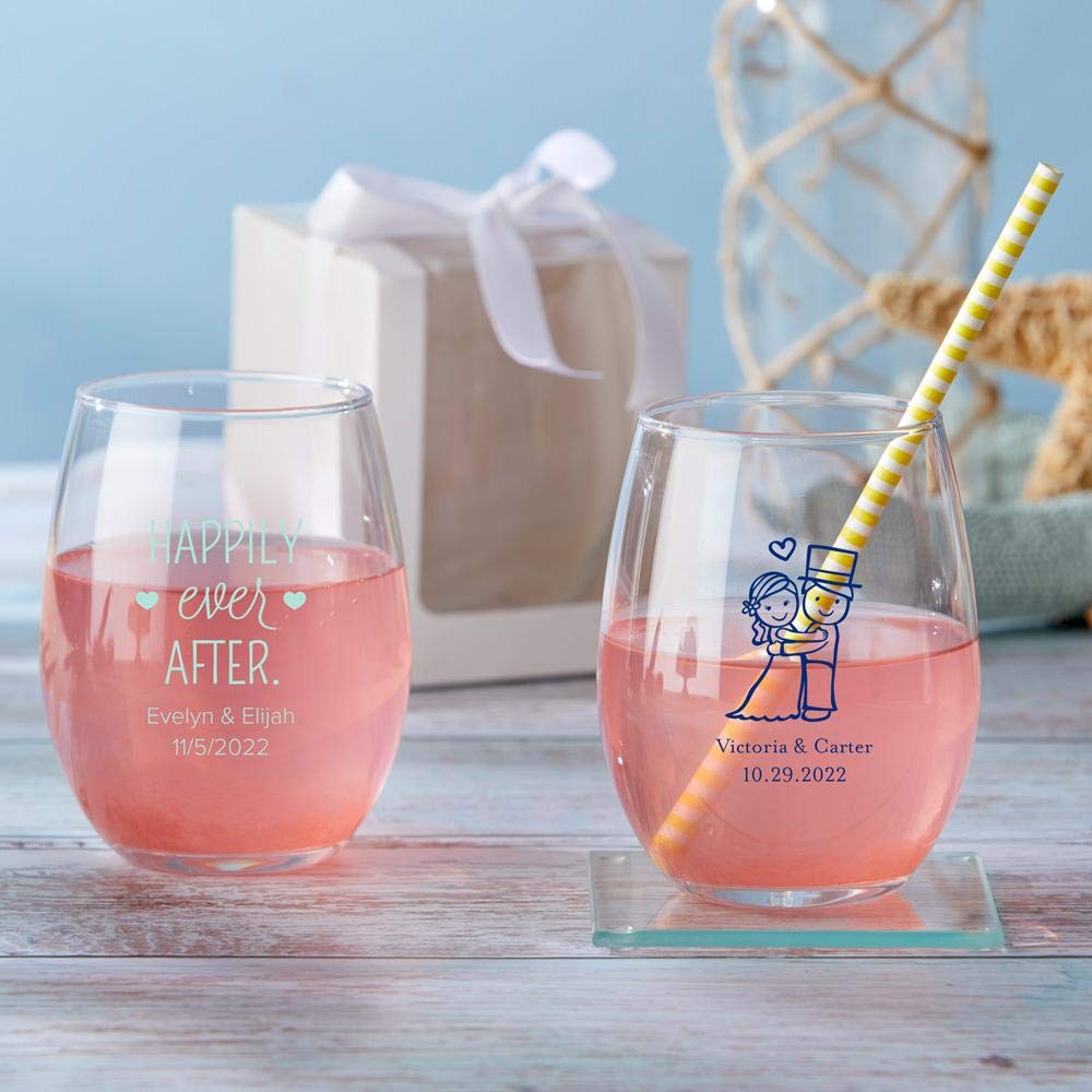 Kate Aspen 15 oz. Personalized Stemless Wine Glass - 48pcs/Silver - Custom Wedding Favors and Bridal Shower Party Favors with Customized Designs Text Lines