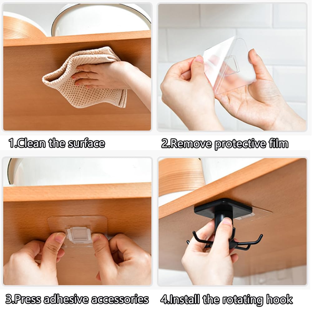 HQahnekme 2pcs 360 °Rotation Utility Hooks,Under Cabinet Kitchen Hooks,Nail Free Adhesive Kitchen Utensils Hanging Hooks for Kitchen Utensils/Tools/Towel/Knife(Black)