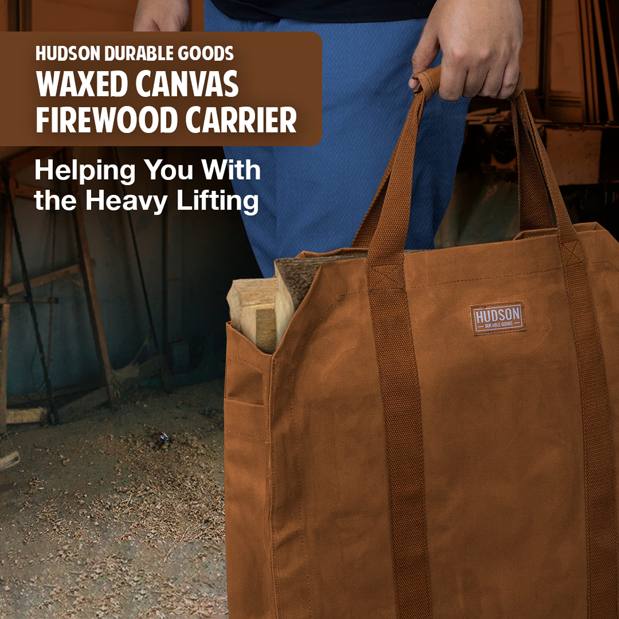 Hudson Durable Goods Premium Quality Waxed Canvas Firewood Carrier - 20β W x 17β H Large Firewood Bag with Enclosed Sides, Webbed Cotton Straps, & 2 Big Pockets - Water Repellent Fireplace Log Holder