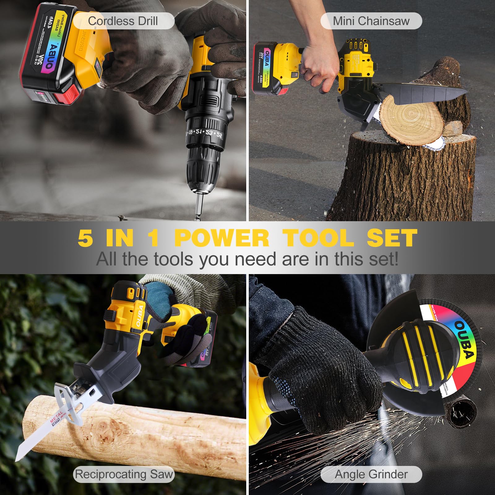 OUBA Power Tool Combo Kits, Drill, Mini Chainsaw, Reciprocating Saw, Angle Grinder, Inflatable Pump, 5-in-1 Cordless Power Tool Set, With 2 Batteries, 54 PCS Tool Accessories, Versatile Applicability