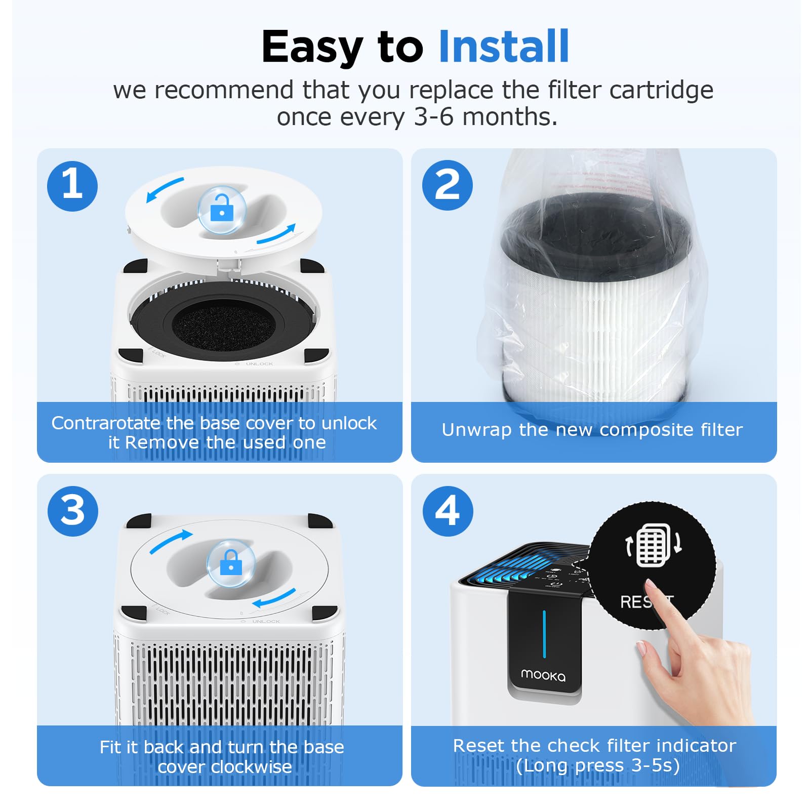 MOOKA M05 Air Purifier Filter, 3-in-1 True HEPA Filter, High-Efficiency Activated Carbon Air Filter for Smoke, Odor, Dander, Pollen