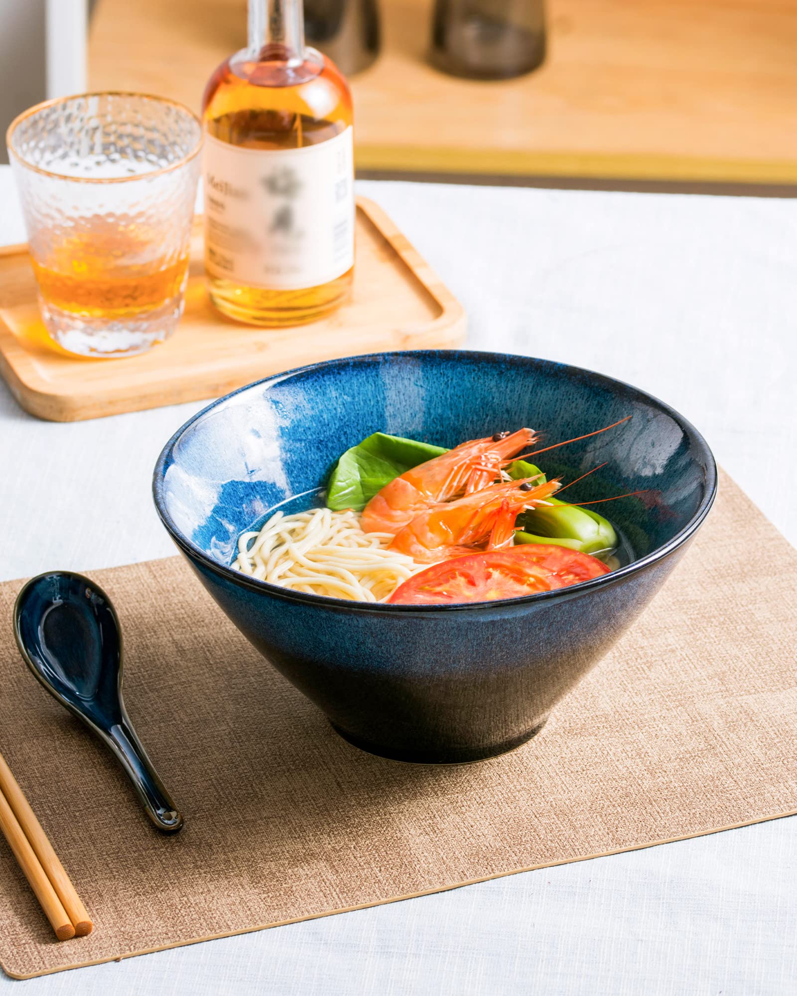 Large Salad Soup Ramen Serving Bowls, 71 OZ Ceramic Japanese Ramen Noodle Bowl with Chopsticks, Spoons and Rests - Super Big Bowl Sets for Udon, Pho, Pasta, Cereal, Set of 2 - Reactive Blue